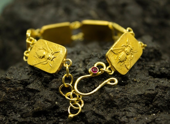 Honey Bee Coin Gold Plated Bracelet 925 Sterling Silver 24K | Etsy