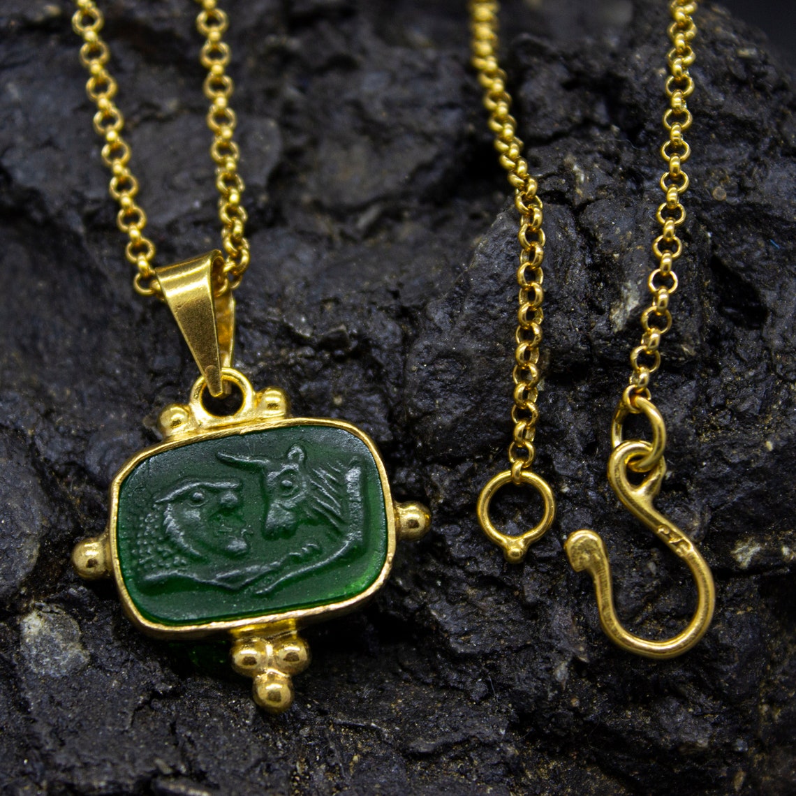 Ancient Lydia Lion and Bull Intaglio Necklace 925 Sterling | Etsy