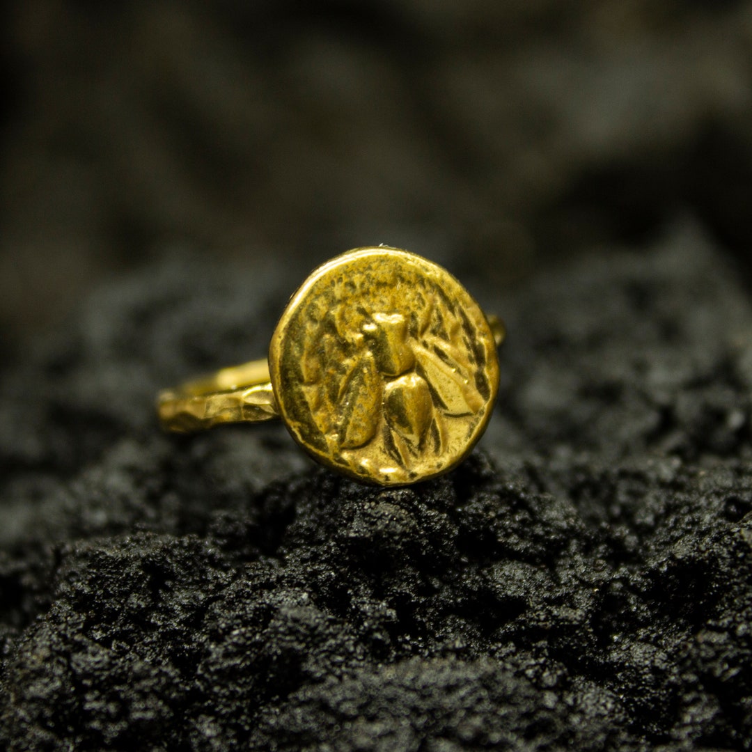 Greek Bee Coin Signet Ring | 24K Gold Plated 925 Sterling Silver ...