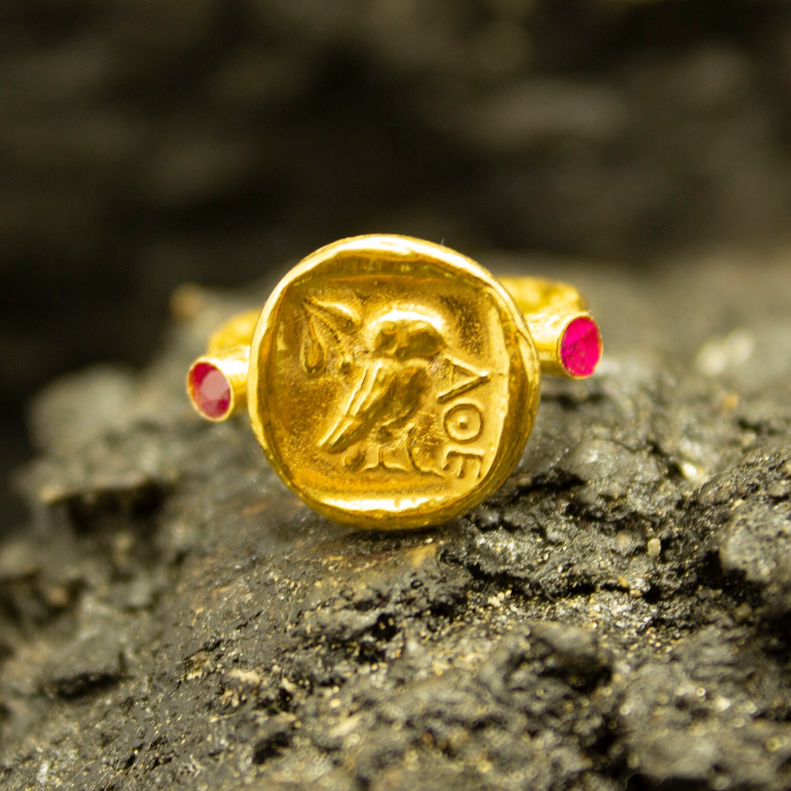 Ancient Art Owl Signet Coin Ring | 24K Gold Plated 925 Sterling Silver ...