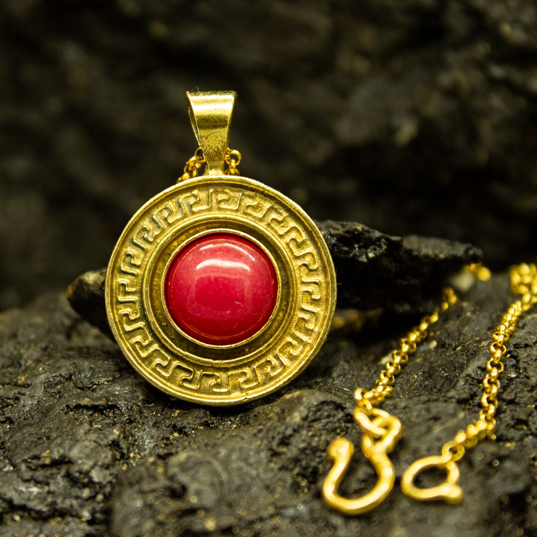 Greek Meander Red Jade Gold Pendant | 24K Gold Plated | Handcrafted ...