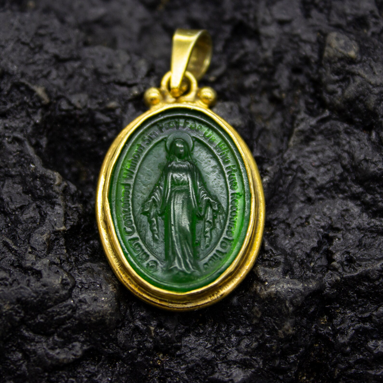 Virgin Mary Intaglio Green Glass Necklace | 925 Sterling Silver ...