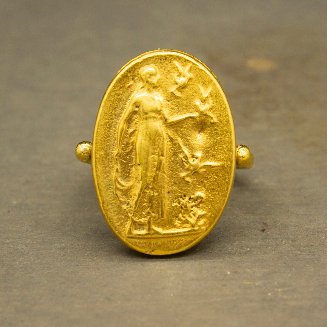 Ancient Greek Art Signed Coin Ring 24K Gold Plated 925 Sterling Silver ...