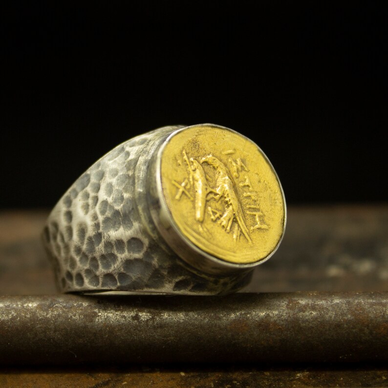 Greek Art Hawk Signet Coin Ring | 24K Gold Plated 925 Sterling Silver ...
