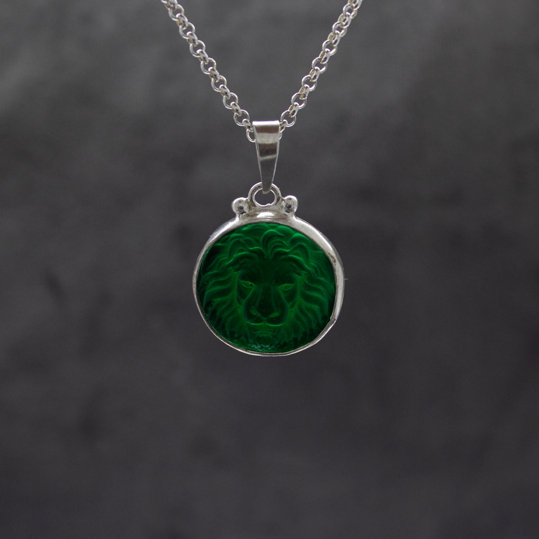 Lydian Lion Intaglio Green Glass Necklace | 925 Sterling Silver ...