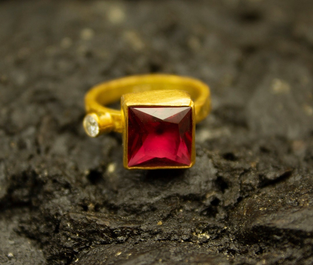 Red Ruby Stone Ring | Silver Ring 24K Gold Plated | Ancient Art Ruby ...