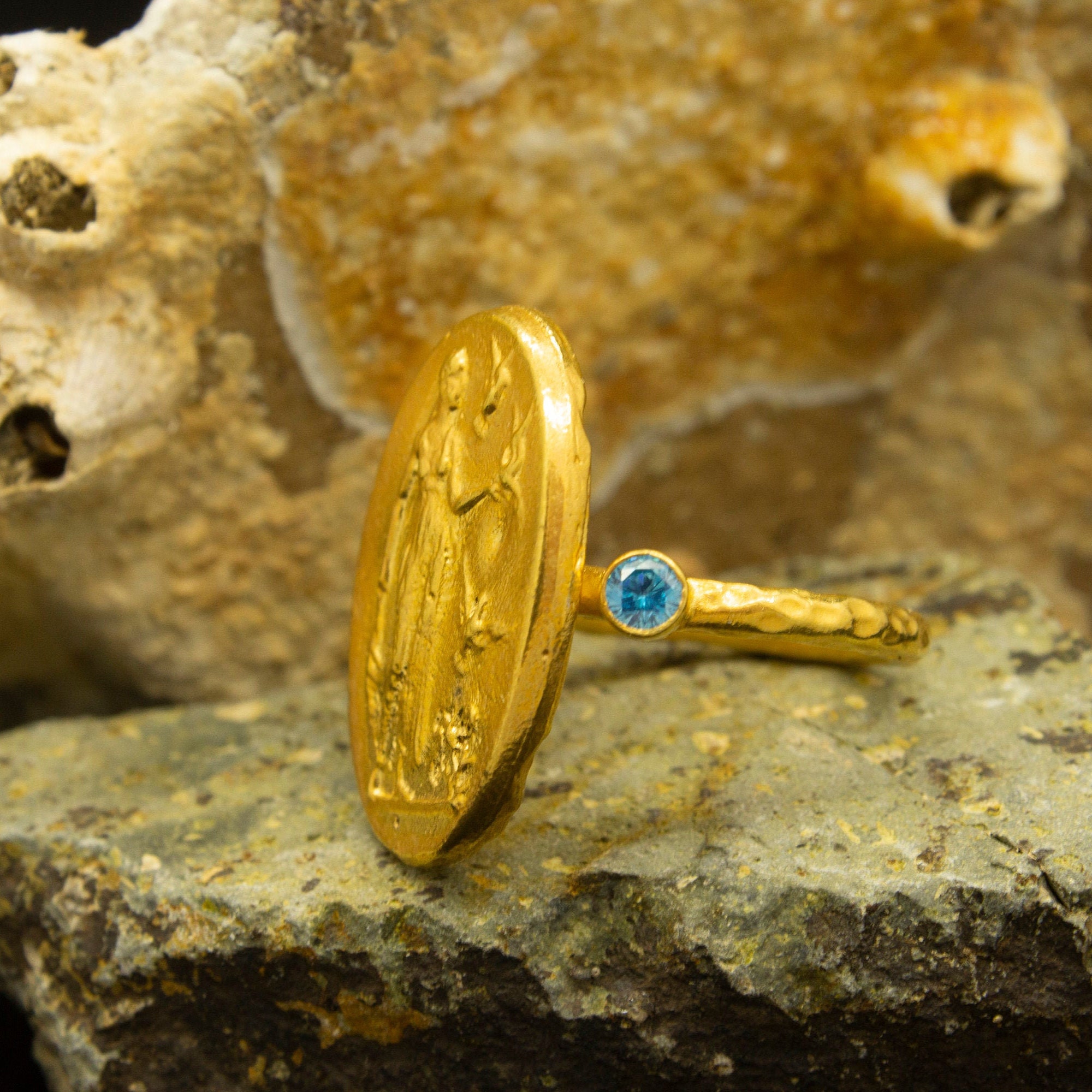 Ancient Roman Greek Art Signed Coin Ring 24K Gold Plated 925 Sterling ...