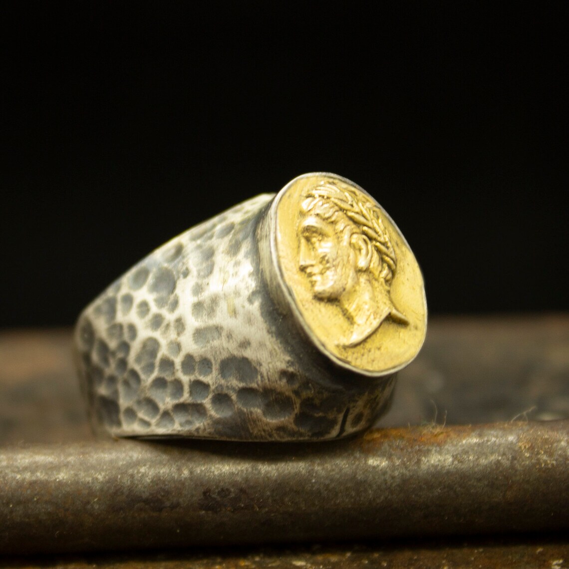 Roman Caesar Coin Signet Ring | Two Tone King Ring | 925 Sterling ...