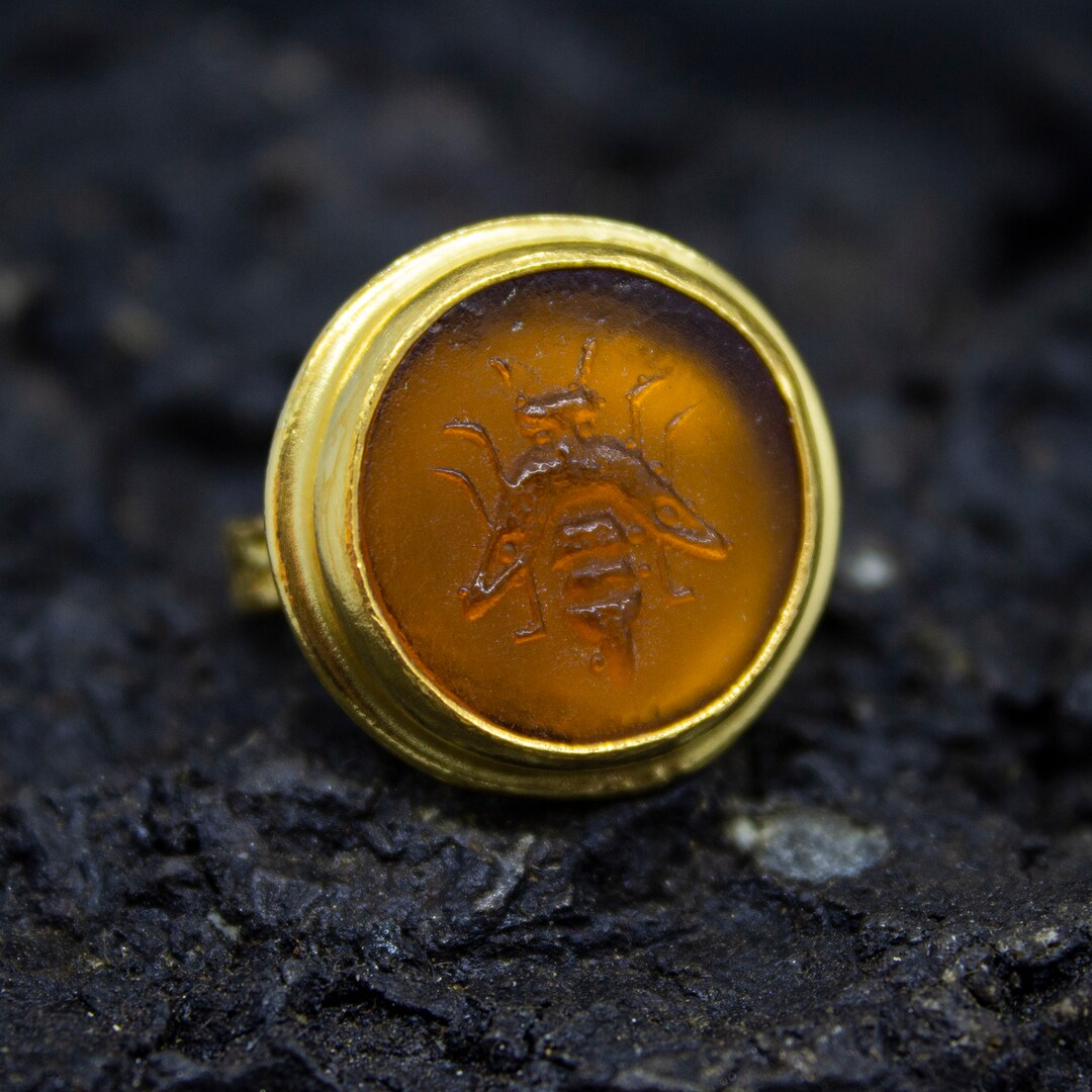 Honey Bee Greek Intaglio Glass Ring | 925 Sterling Silver | Ephesus ...