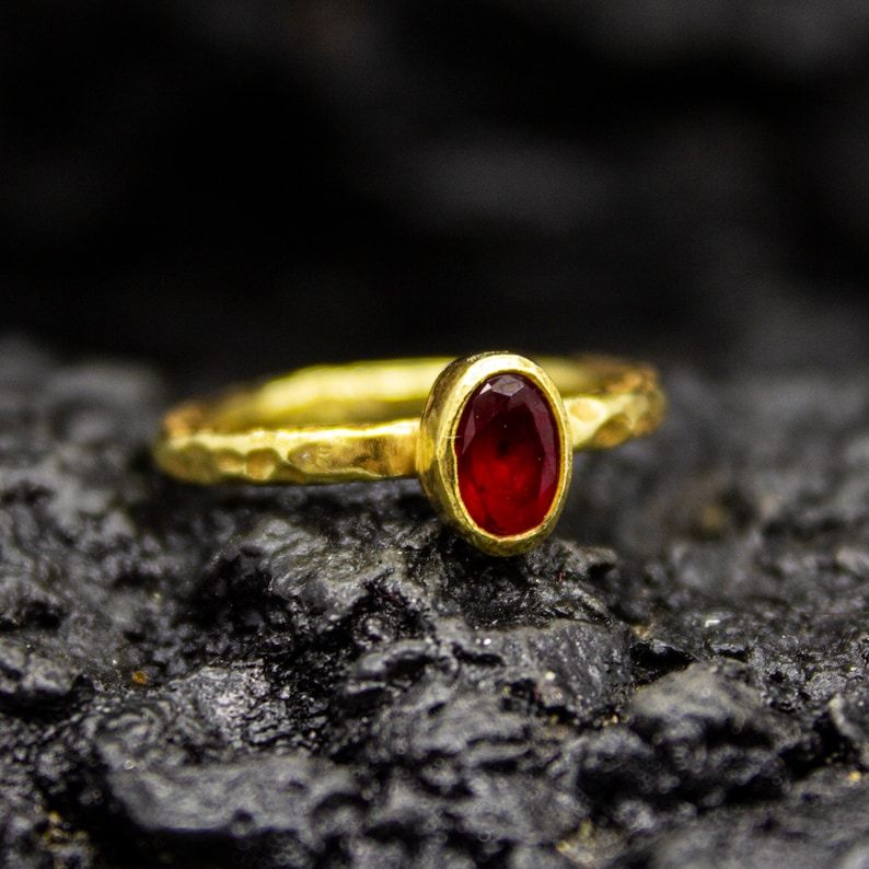 Tiny Gold Ruby Hammered Ring Handmade Stackable Ring 925 - Etsy