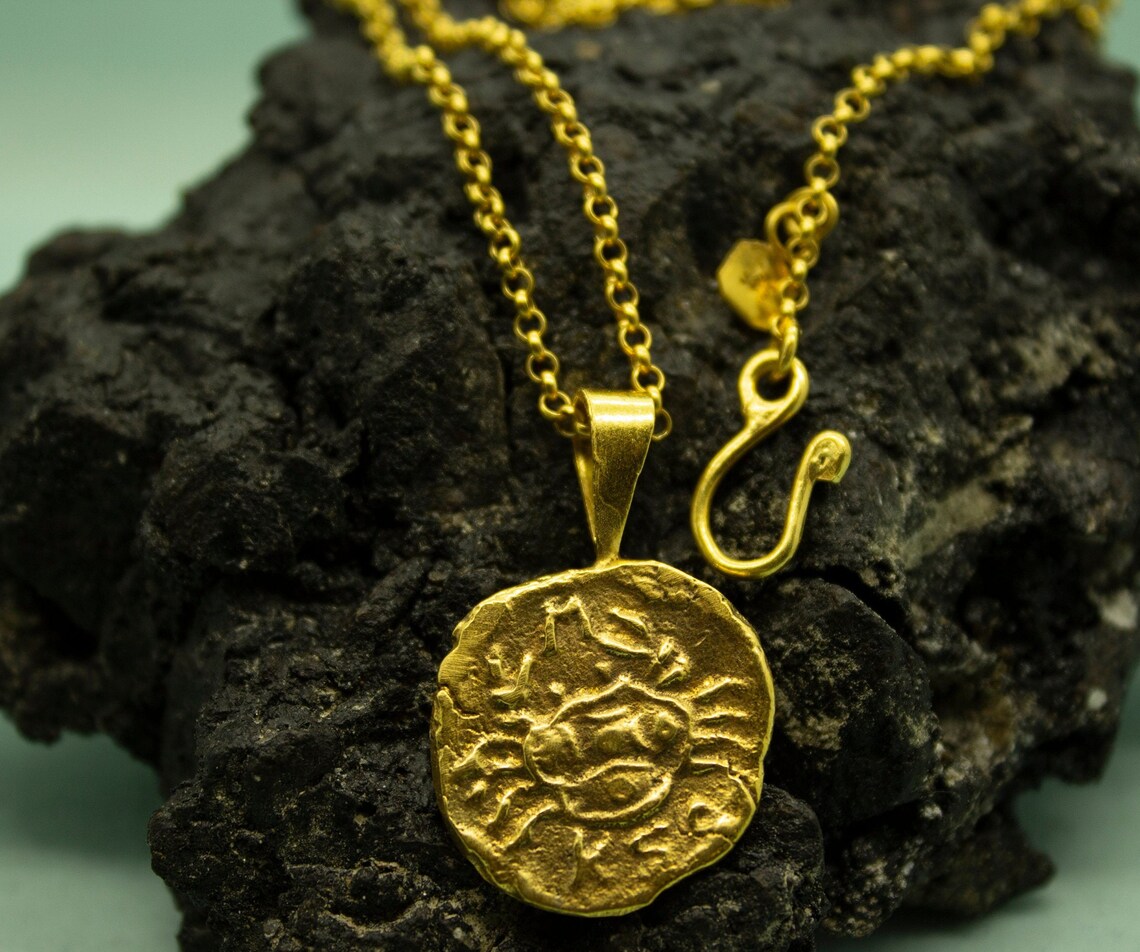 Ancient Crab Coin Pendant | 925 Sterling Silver 24K Gold | Zodiac Coin ...