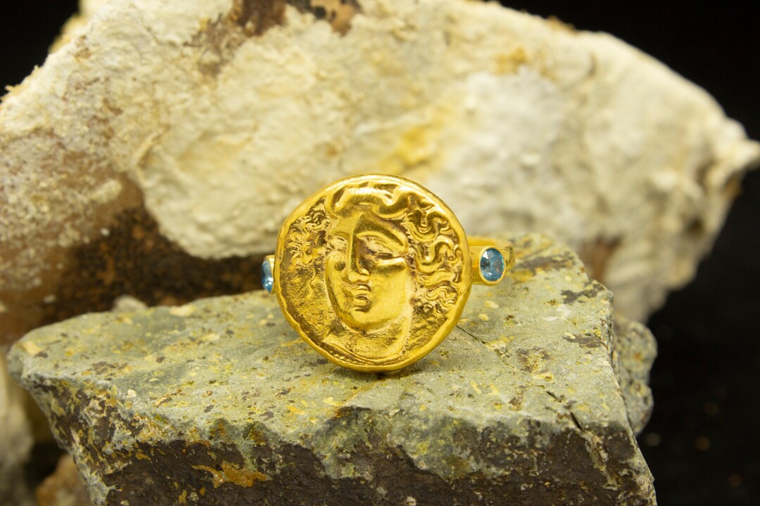 Ancient Roman Greek Art Signed Coin Ring 24K Gold Plated 925 Sterling ...