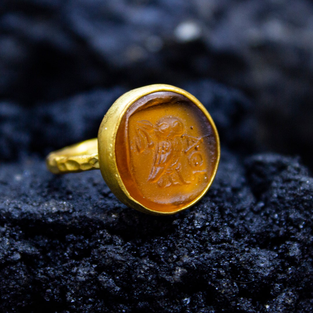Greek Athena Owl Yellow Intaglio Glass Ring | 925 Sterling Silver ...