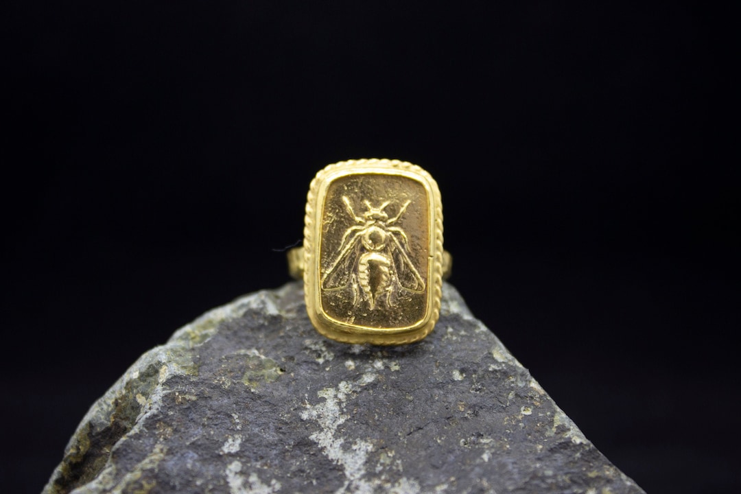 Ancient Roman Art Bee Signed Coin Ring 24K Gold Plated 925 Sterling ...