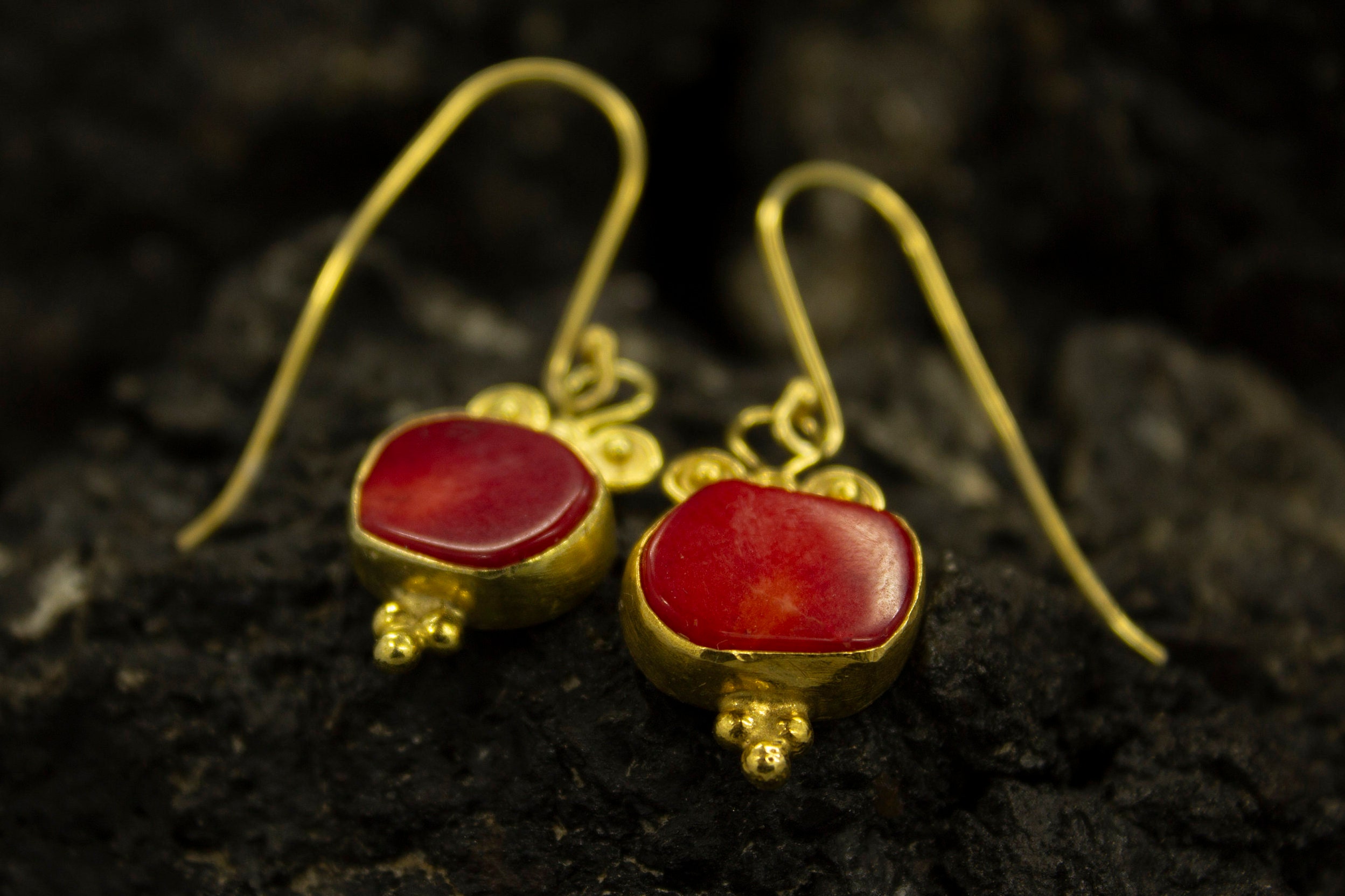 Red Coral Earrings | 24K Gold Over 925 Sterling Silver | Dangle ...