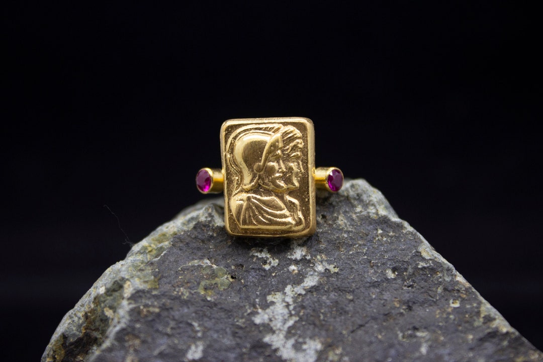 Ancient Greek Soldier Art Signed Coin Ring 24K Gold Plated 925 Sterling ...