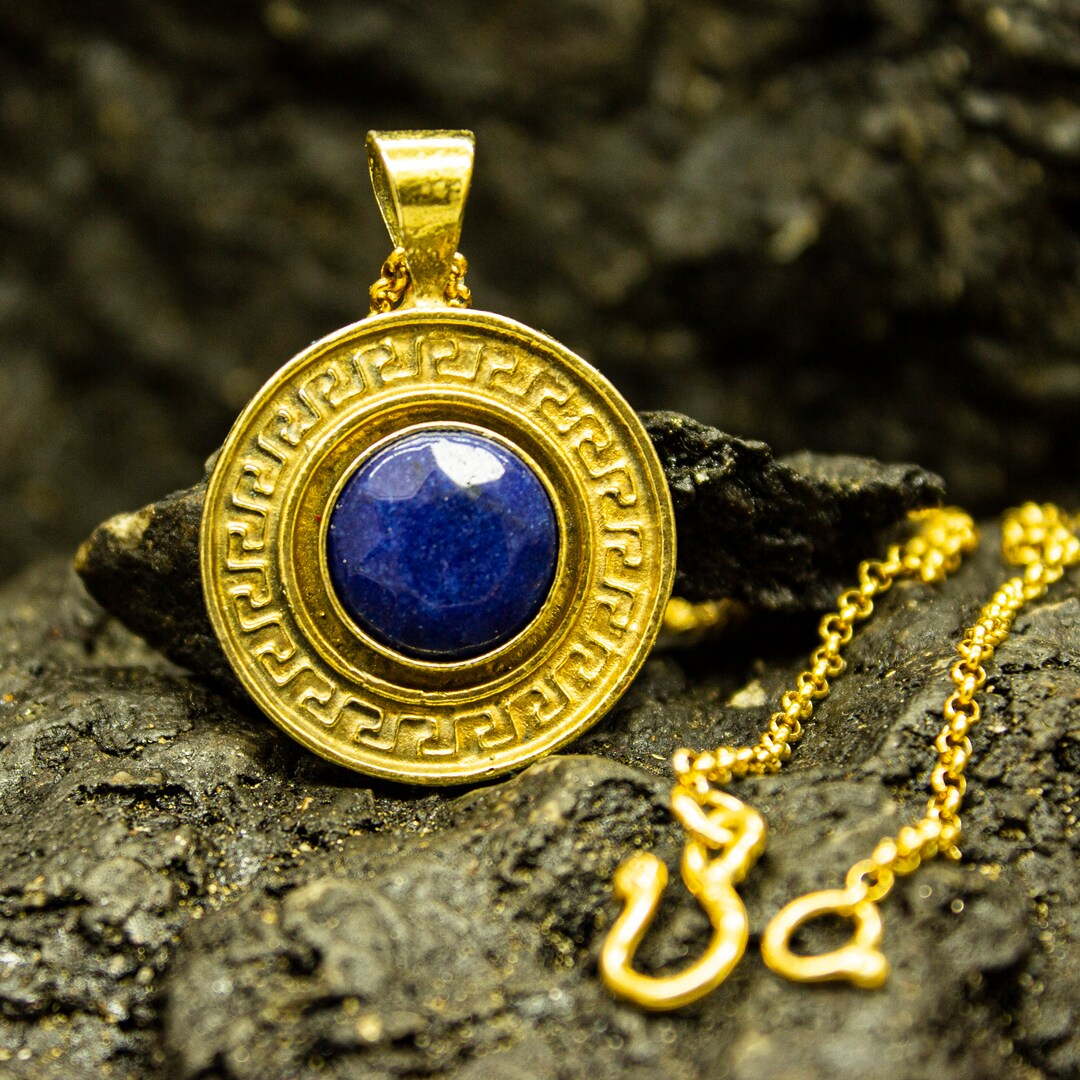 Ancient Greek Meander Lapis Pendant | 24K Gold Plated | Handcrafted ...
