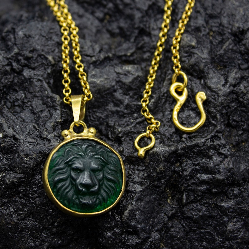 Lion Intaglio Green Glass Necklace | 925 Sterling Silver | Ancient ...