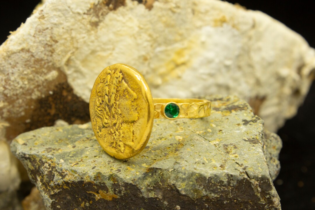 Ancient Roman Greek Art Signed Coin Ring 24K Gold Plated 925 Sterling ...