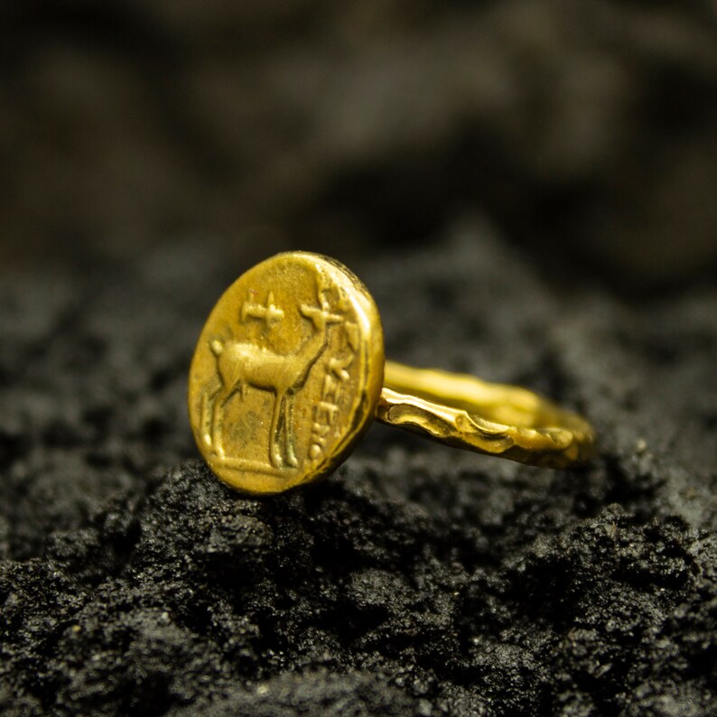 Historical Ancient Greek Deer Coin Ring | 24K Gold Plated 925 Sterling ...