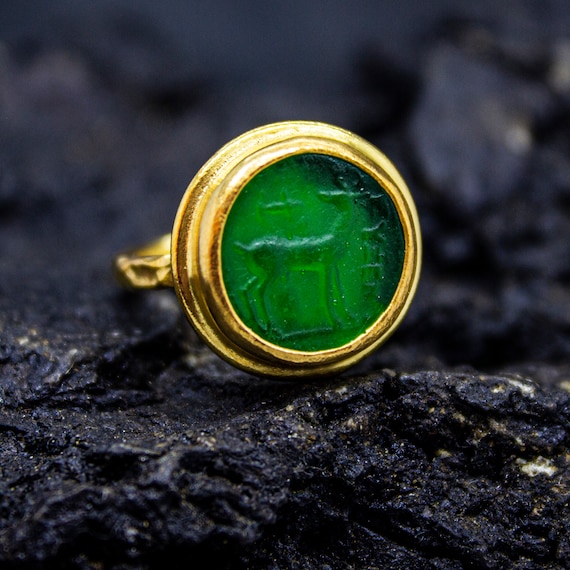 Ancient Greek Deer Intaglio Glass Ring 925 Sterling Silver - Etsy