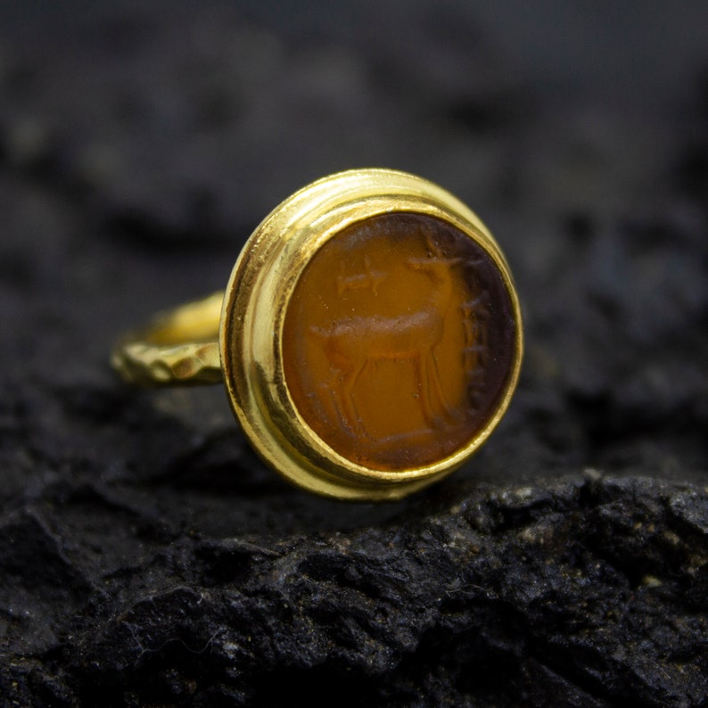 Artemis Greek Deer Intaglio Glass Ring 925 Sterling Silver - Etsy