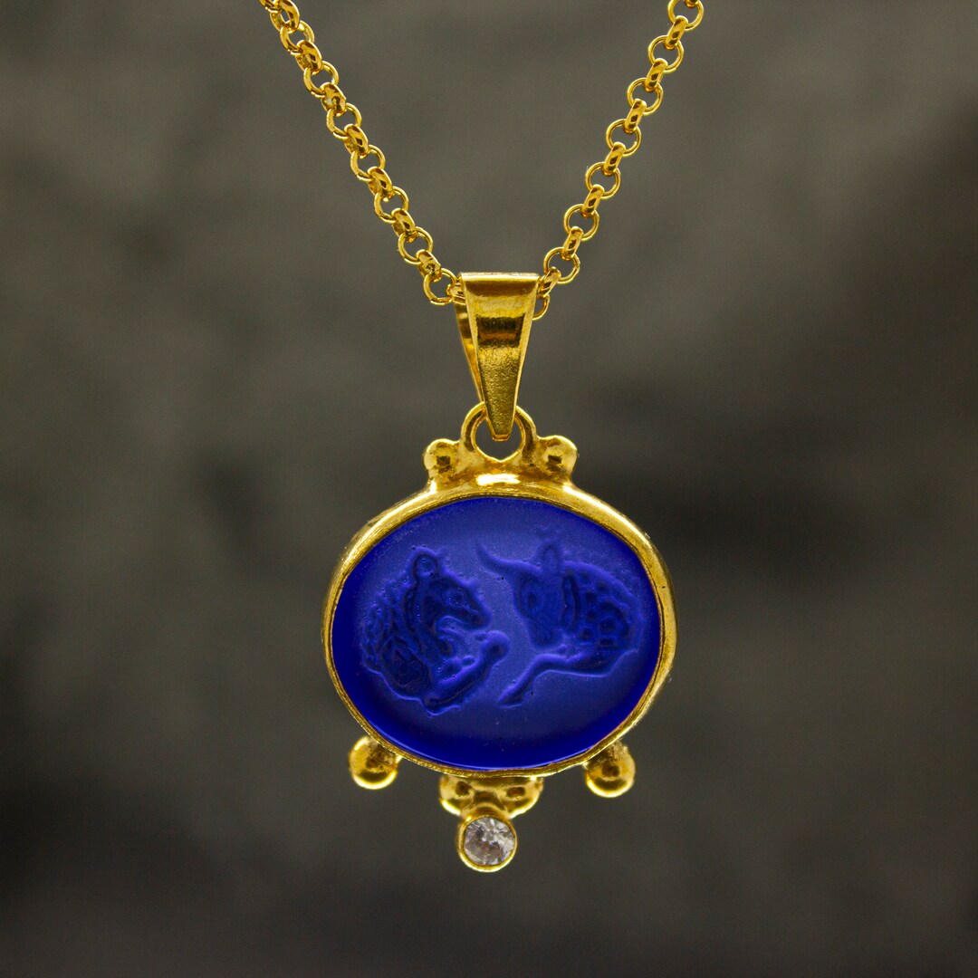 Ancient Lydia Lion and Bull Intaglio Necklace | 925 Sterling Silver ...