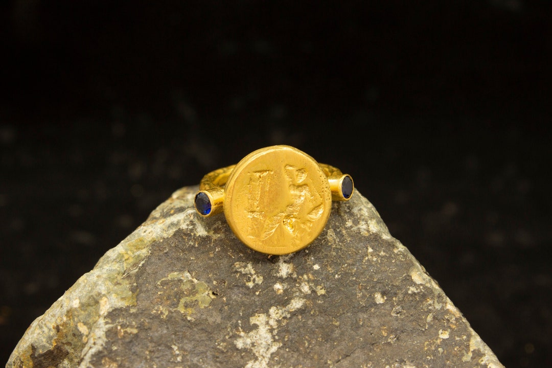 Ancient Greek Art Signed Coin Ring 24K Gold Plated 925 Sterling Silver ...
