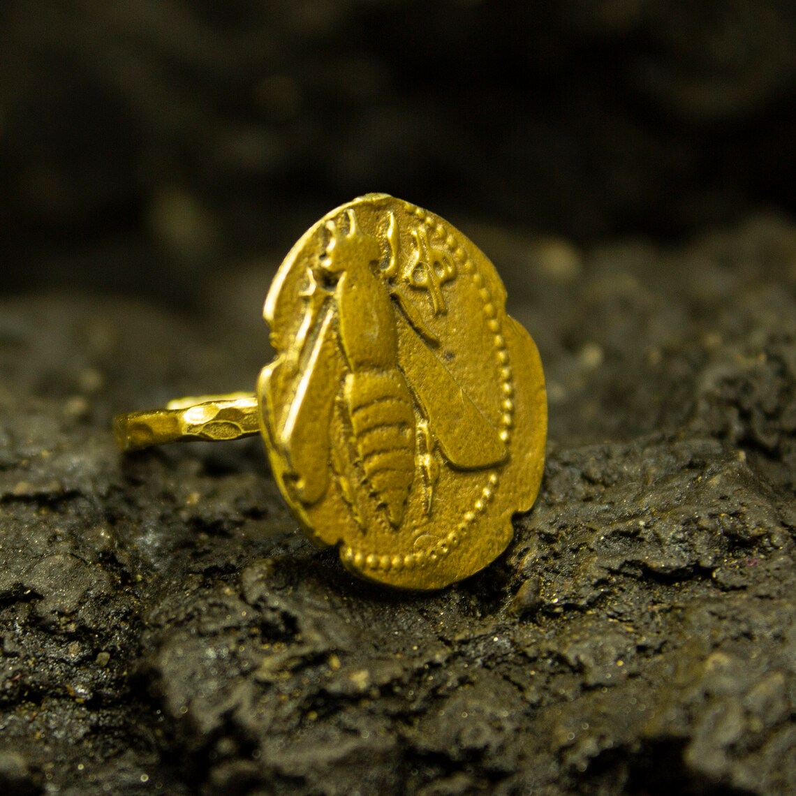Greek Coin Honey Bee Signet Ring | 24K Gold Plated 925 Sterling Silver ...
