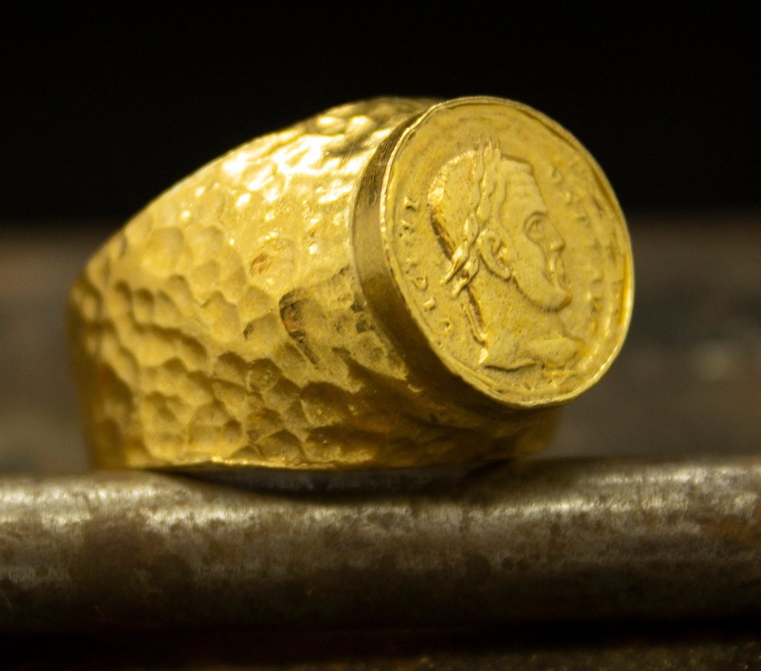Ancient Roman Art Mens Signet Coin Ring 24K Gold Plated 925 Sterling ...