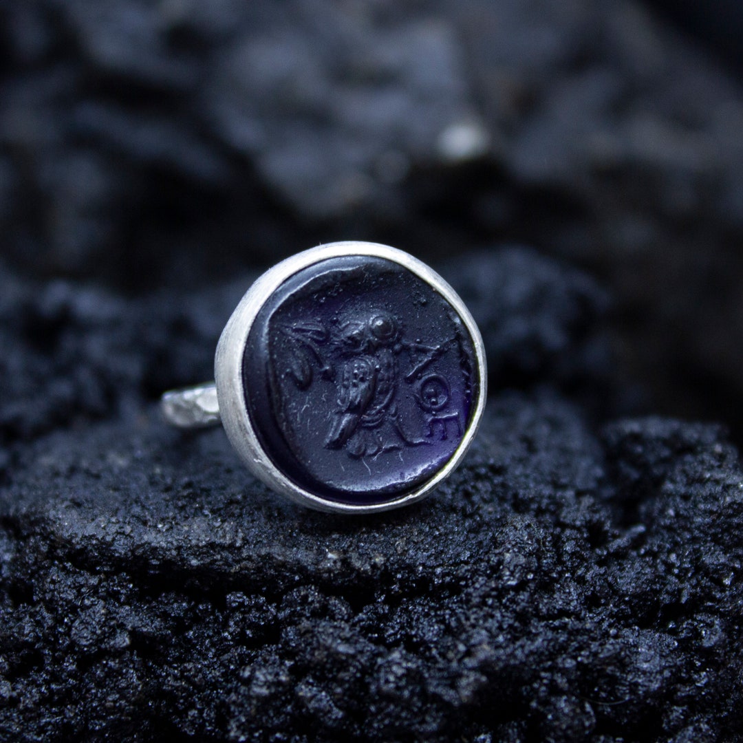 Ancient Greek Athena Owl Intaglio Glass Ring | 925 Sterling Silver ...