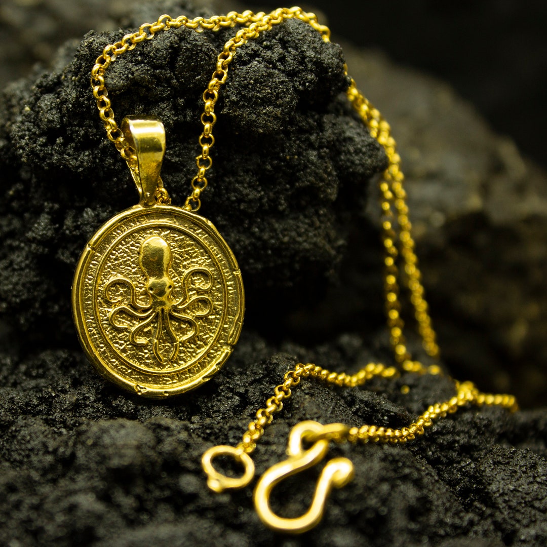 Octopus Signet Coin Medallion Pendant | 925 Sterling Silver 24K Gold ...