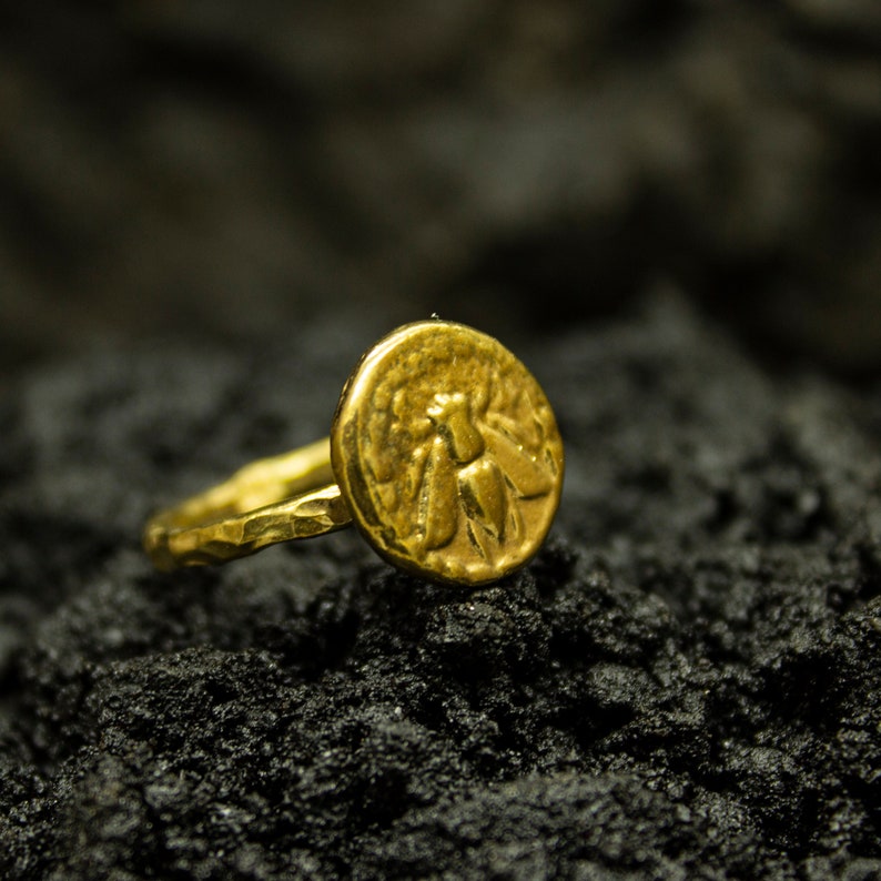 Greek Bee Coin Signet Ring | 24K Gold Plated 925 Sterling Silver ...