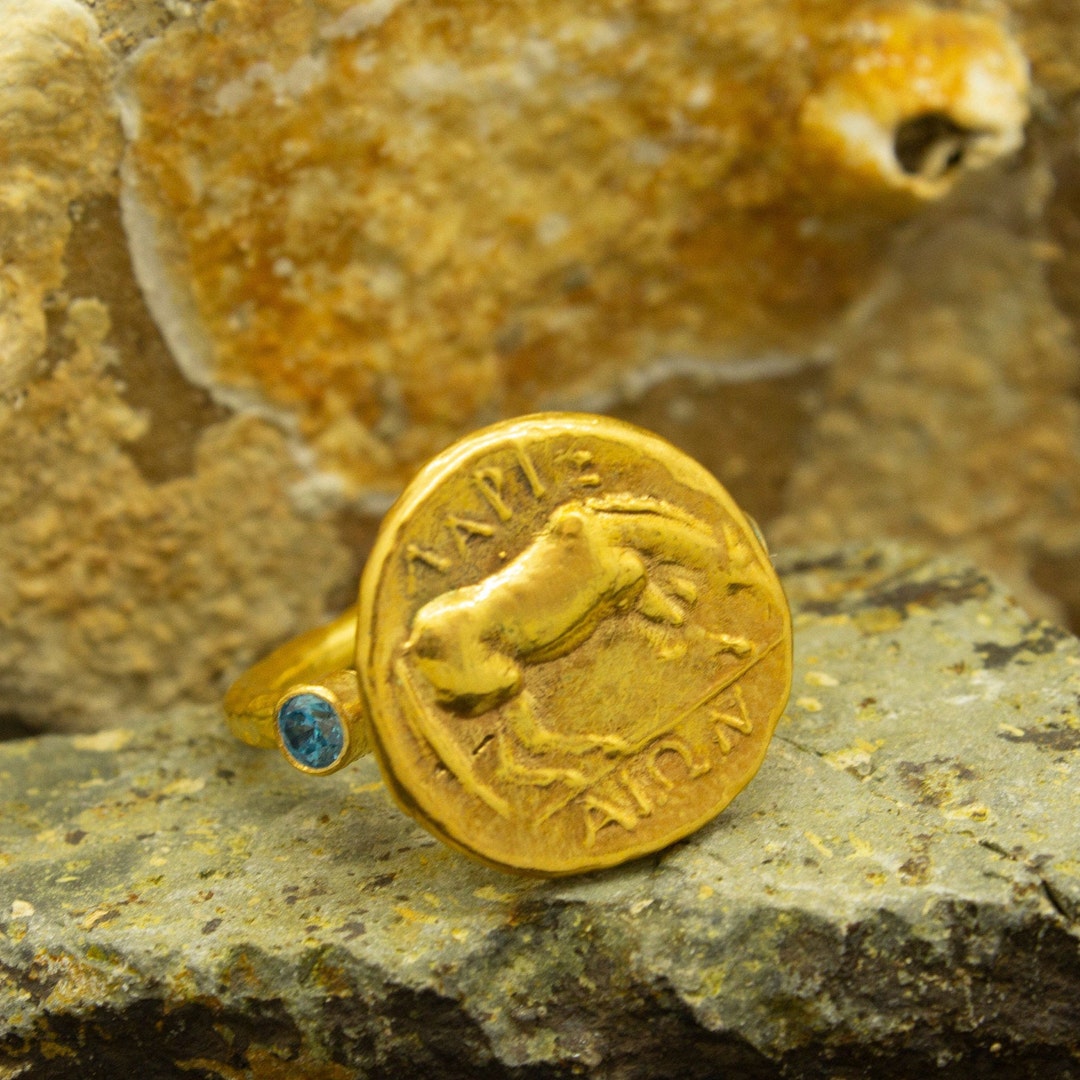 Greek Horse Coin Signet Ring | 24K Gold Plated 925 Sterling Silver ...