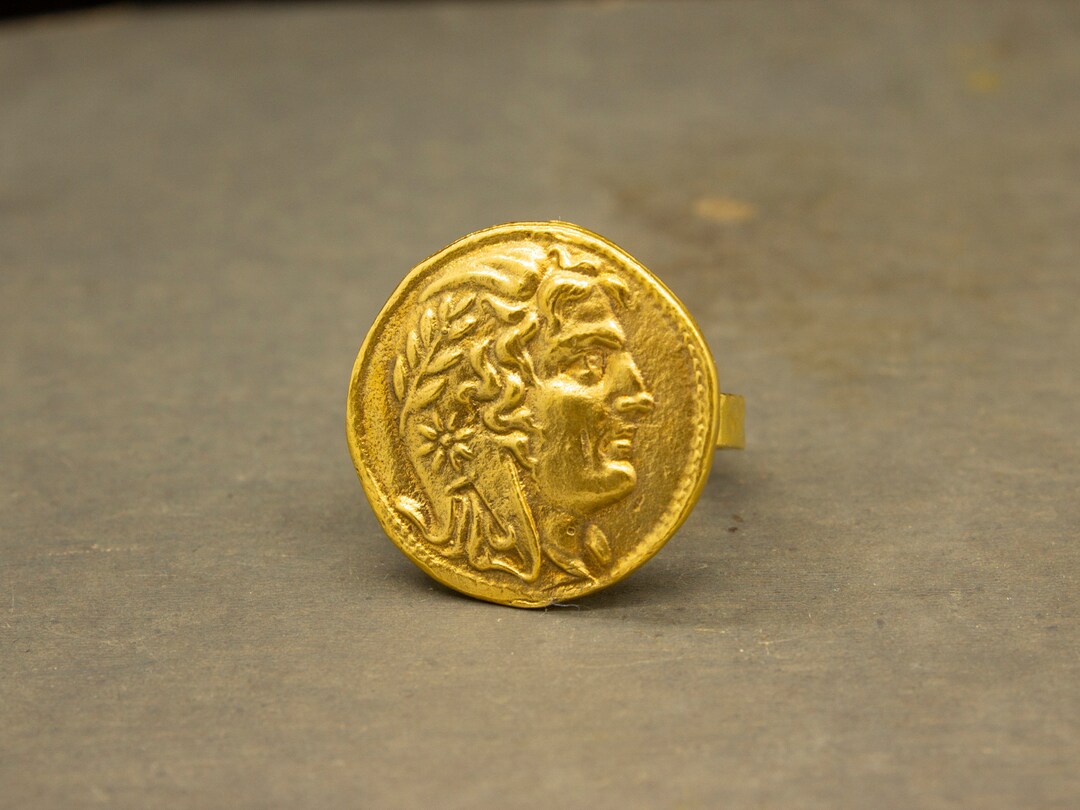 Ancient Roman Art Signed Coin Ring 24K Gold Plated 925 Sterling Silver ...