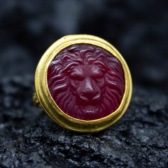 Ancient Lydian Lion Intaglio Red Glass Ring 925 Sterling | Etsy