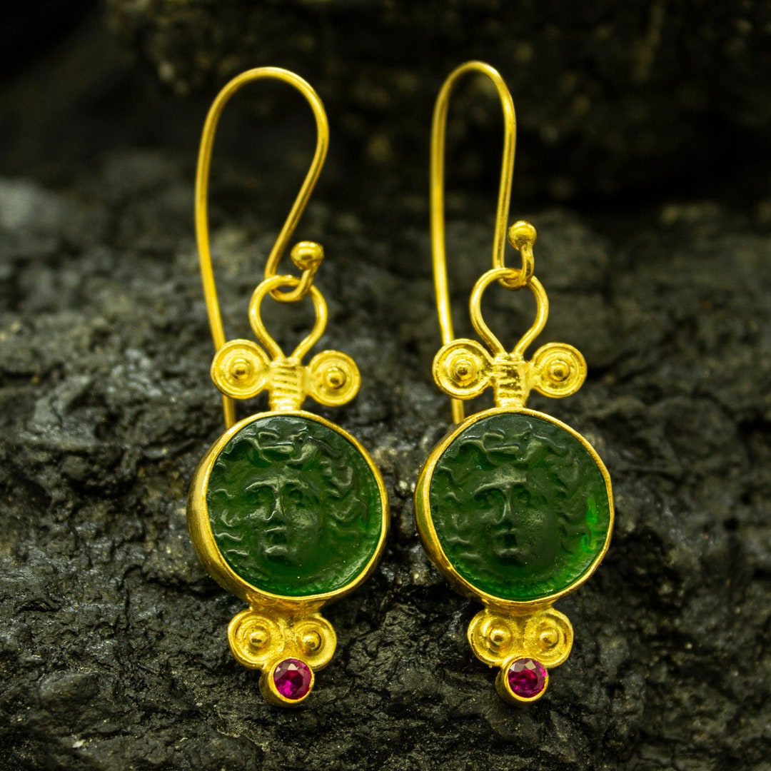 Greek Medusa Intaglio Venetian Glass Earrings | 925 Sterling Silver ...