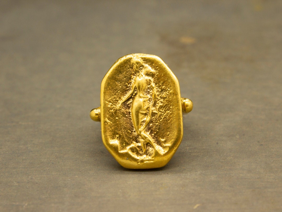 Ancient Greek Art Signed Coin Ring 24K Gold Plated 925 Sterling Silver ...