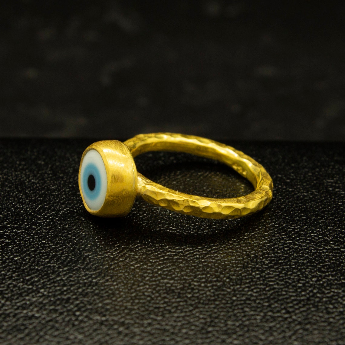 Blue Evil Eye Ring Protection Gold Hammered Ring 925 | Etsy