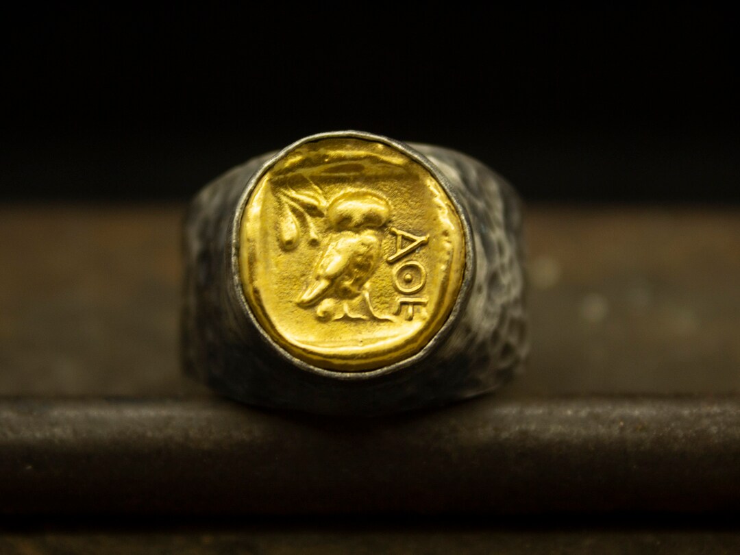 Ancient Owl Coin Ring | Signed Coin Ring | 925 Sterling Silver Ring 24K ...