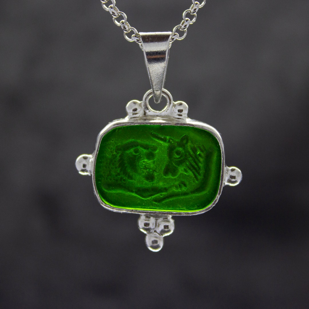 Green Glass Lydia Lion and Bull Intaglio Necklace | 925 Sterling Silver ...