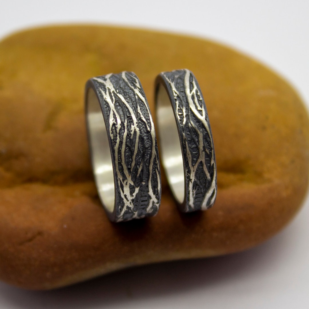 Tree Bark Bands Set | 925 Sterling Silver | 4-6 Mm Wedding Rings Set ...