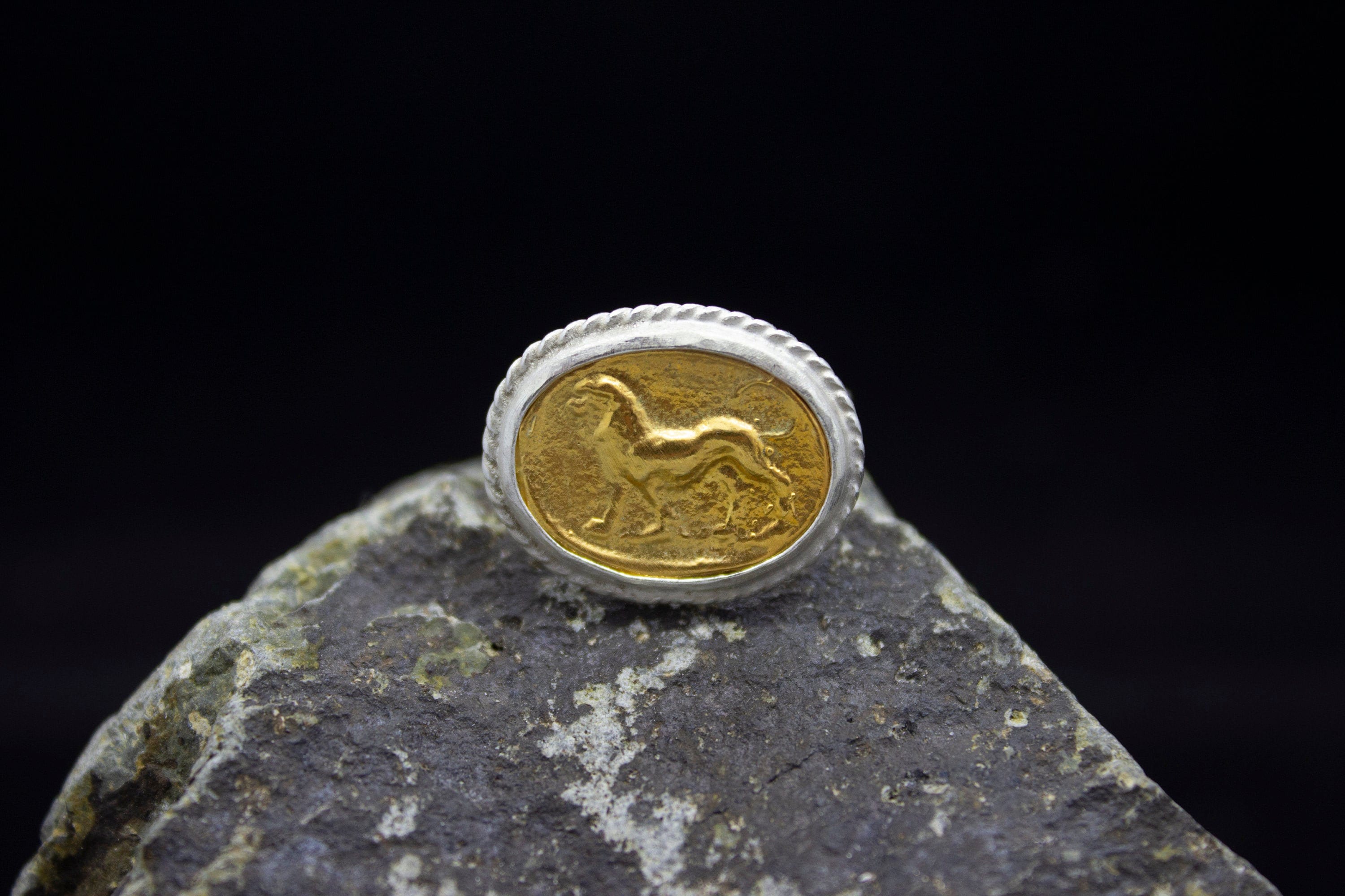 Ancient Roman Art Lion Signed Coin Two Tone Ring 24K Gold Plated 925 ...