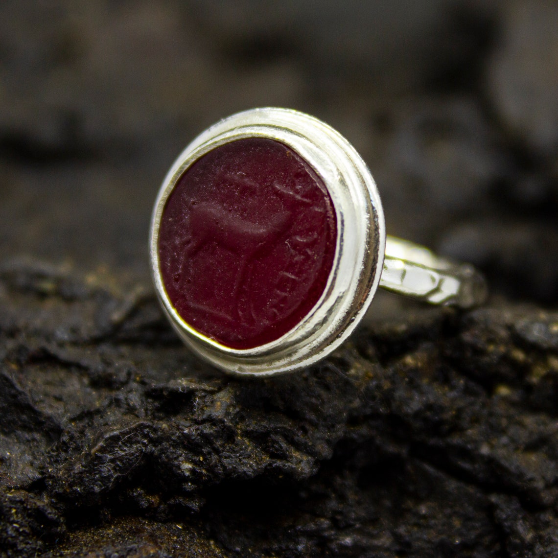 Artemis Ancient Deer Intaglio Glass Ring | 925 Sterling Silver ...