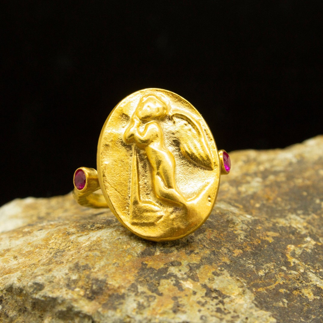 Guardian Angel Signet Ring | 24K Gold Plated | Vintage Gold Guardian ...