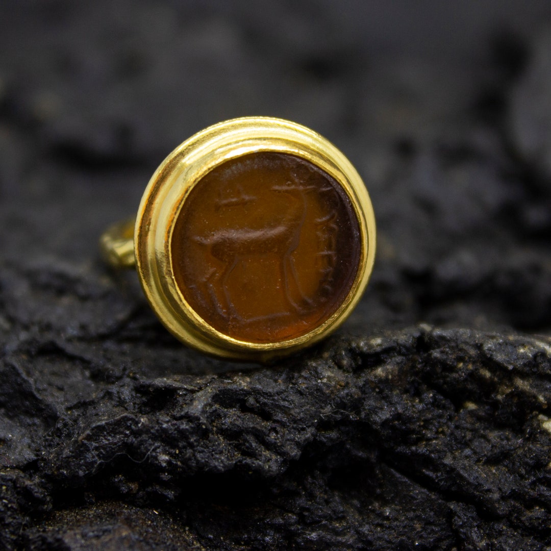 Artemis Greek Deer Intaglio Glass Ring | 925 Sterling Silver | Ancient ...