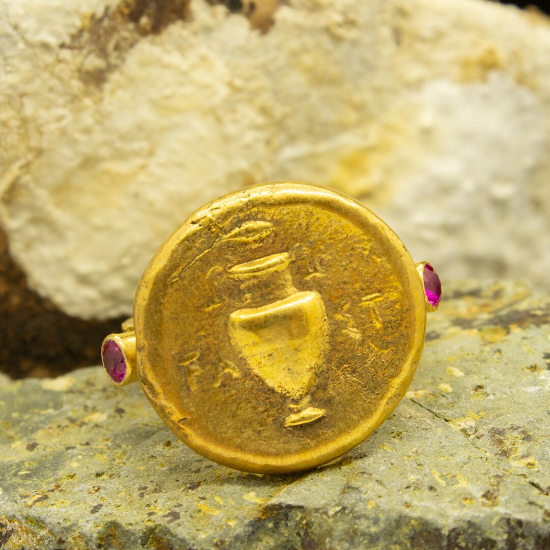 Ancient Roman Greek Art Signed Coin Ring 24K Gold Plated 925 Sterling ...