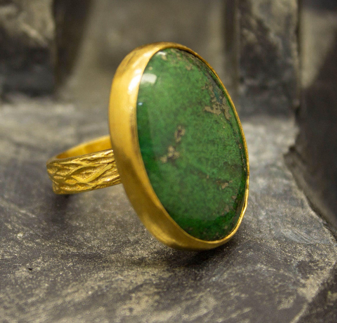 Green Lapis Lazuli Ring 24K Gold Plated Tree Bark Handmade - Etsy