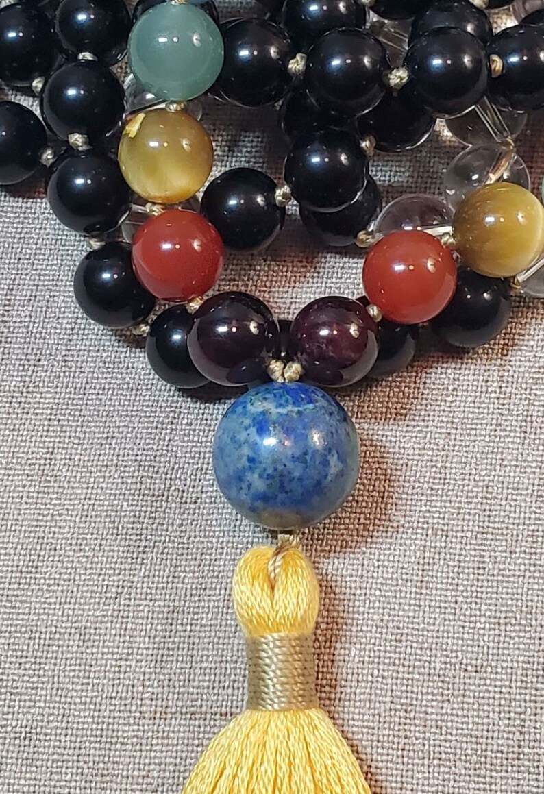 Obsidian Clear Quartz Chakra Mala Beads Hand-knotted Meditation Beads ...
