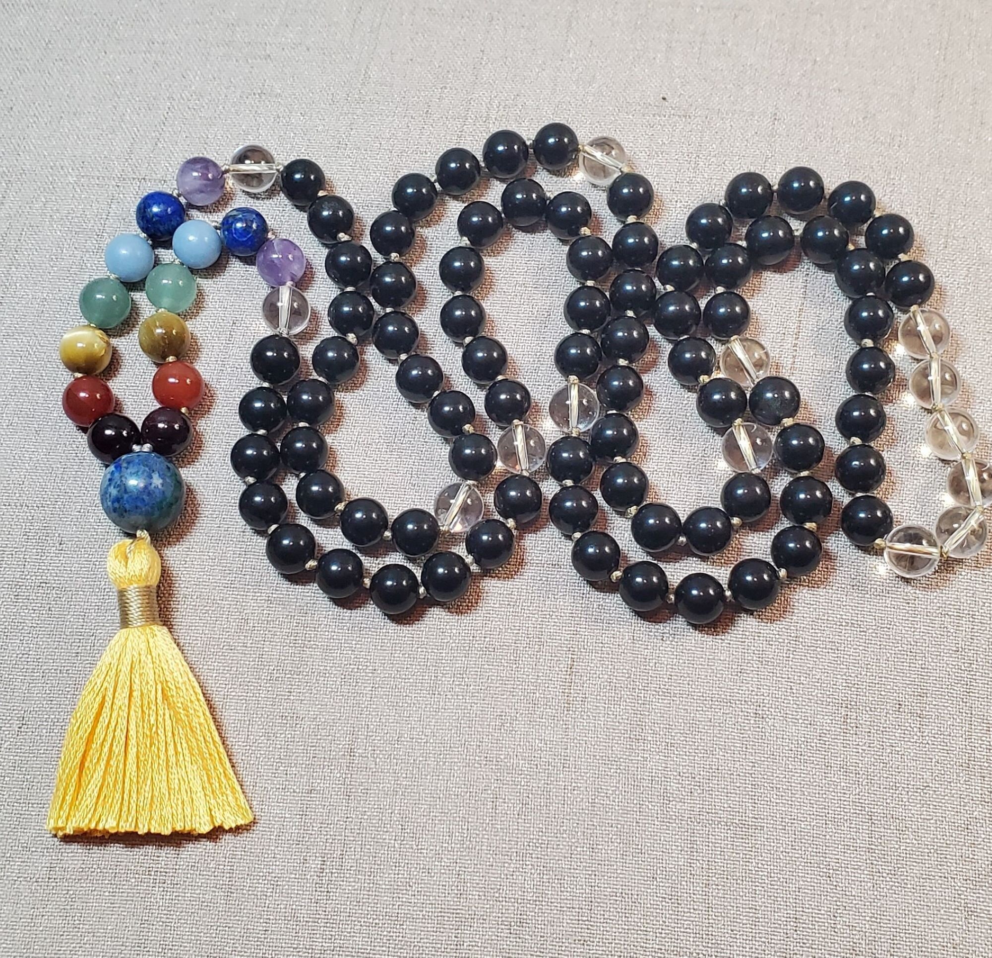 Obsidian Clear Quartz Chakra Mala Beads Hand-knotted Meditation Beads ...
